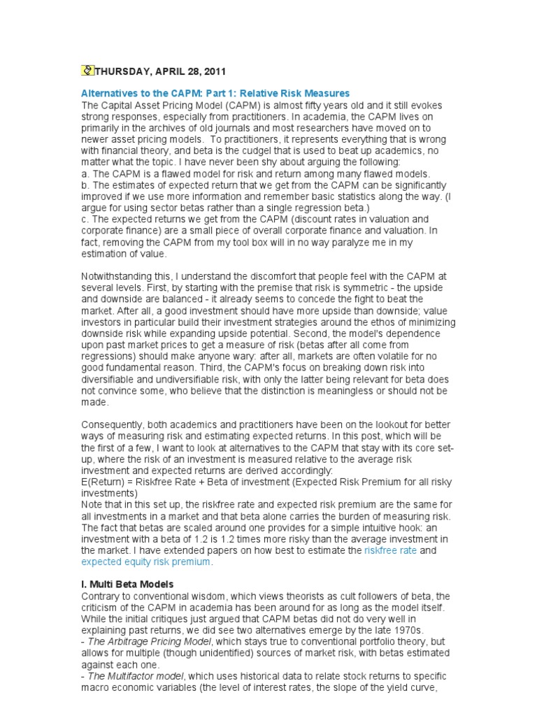 Alternatives To CAPM (Damodaran Blog) | PDF | Beta (Finance) | Capital ...