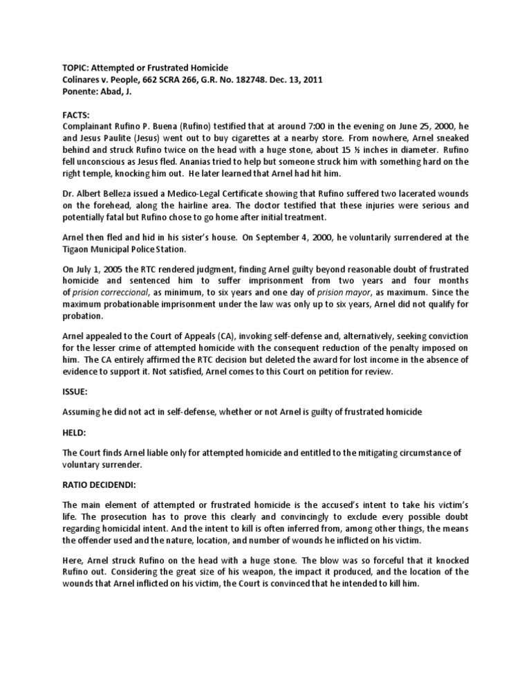 TOPIC: Attempted or Frustrated Homicide Colinares v. People, 662 SCRA ...