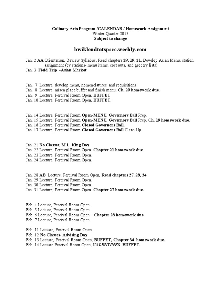 Culinary Arts Program /CALENDAR / Homework Assignment Subject To Change ...