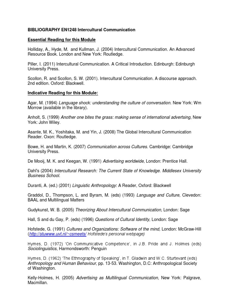 BIBLIOGRAPHY EN1248 Intercultural Communication | PDF | Cross Cultural ...
