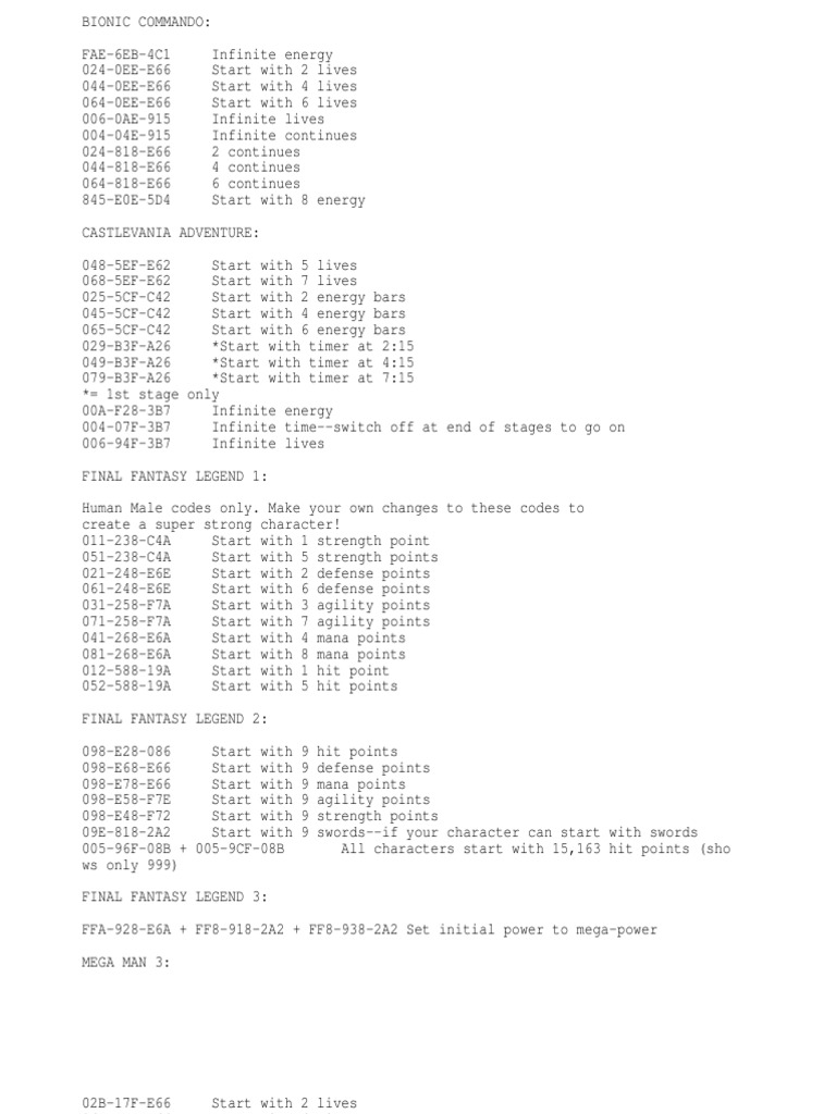 Game Boy Game Genie Codes | PDF