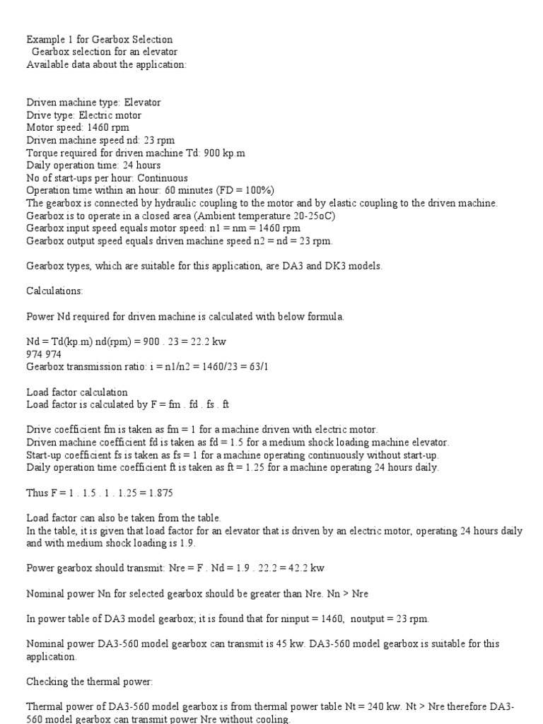 Example 1 For Gearbox Selection | PDF | Transmission (Mechanics) | Gear