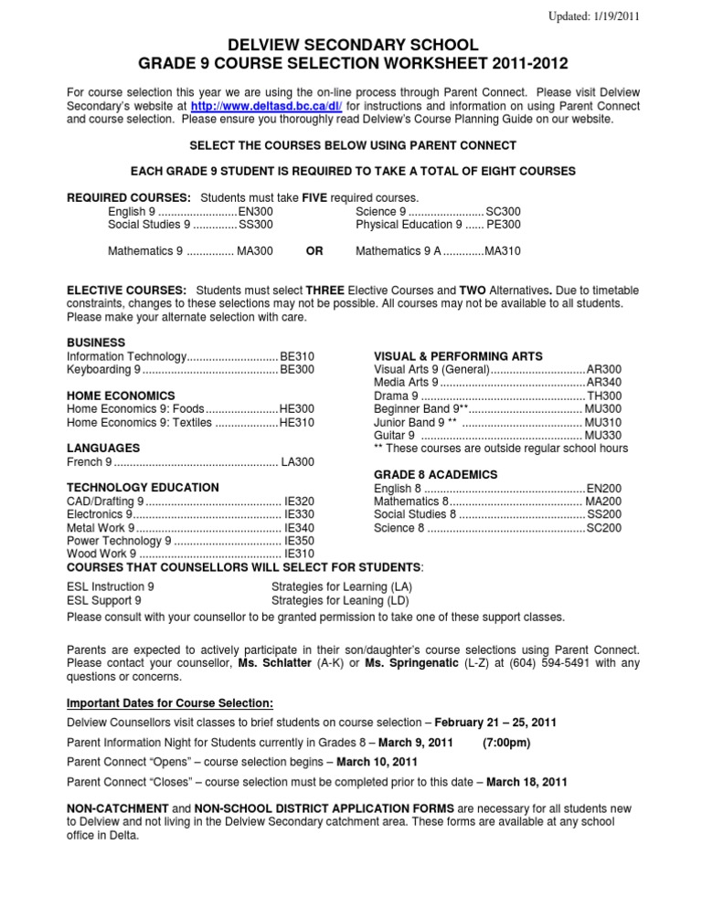 Grade 9 Course Selection Sheet | PDF | English As A Second Or Foreign ...