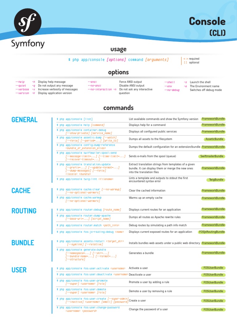 CheatSheet Symfony2 - Console | PDF | Command Line Interface | Php