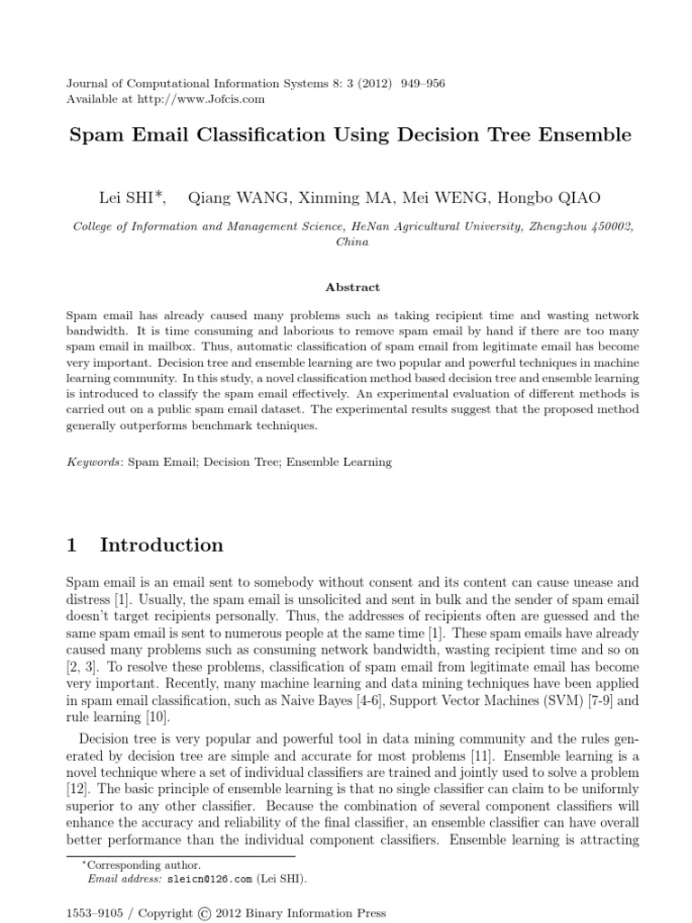 Spam Email Classification Using Decision Tree Ensemble | PDF | Machine Learning | Cybernetics