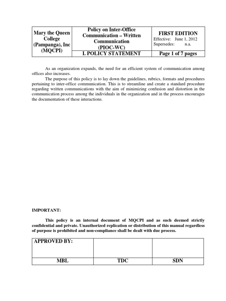 Policy on Inter Office Communication 1st Edition | Memorandum | Librarian