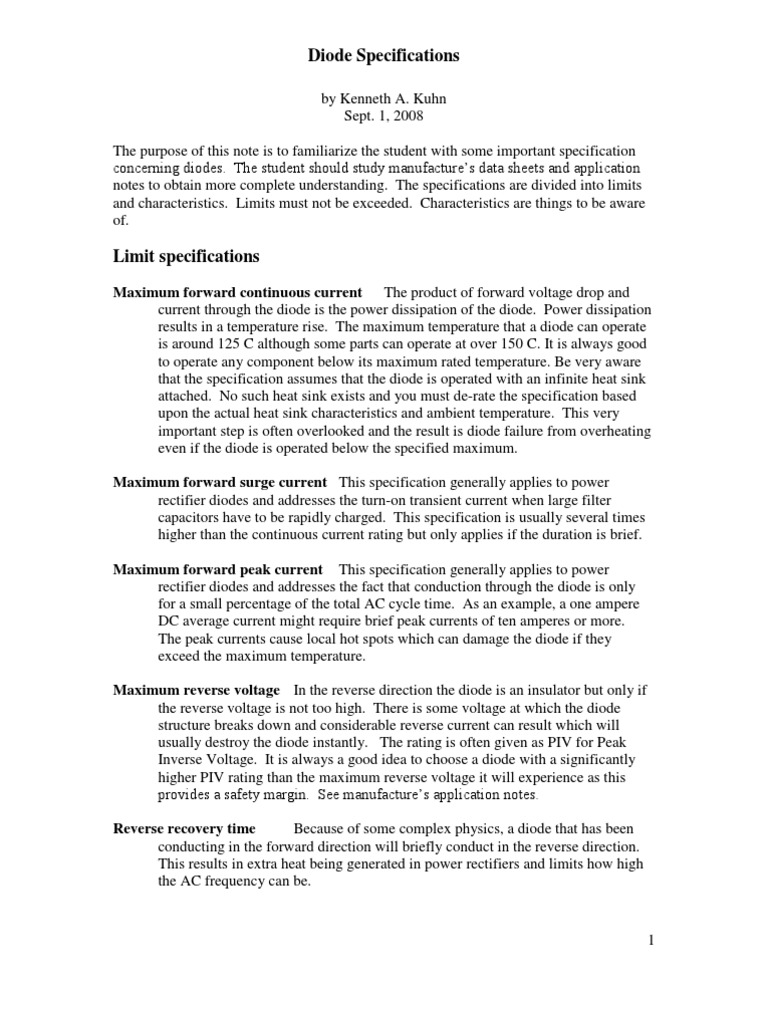 Diode Specifications Overview | PDF | Diode | Rectifier