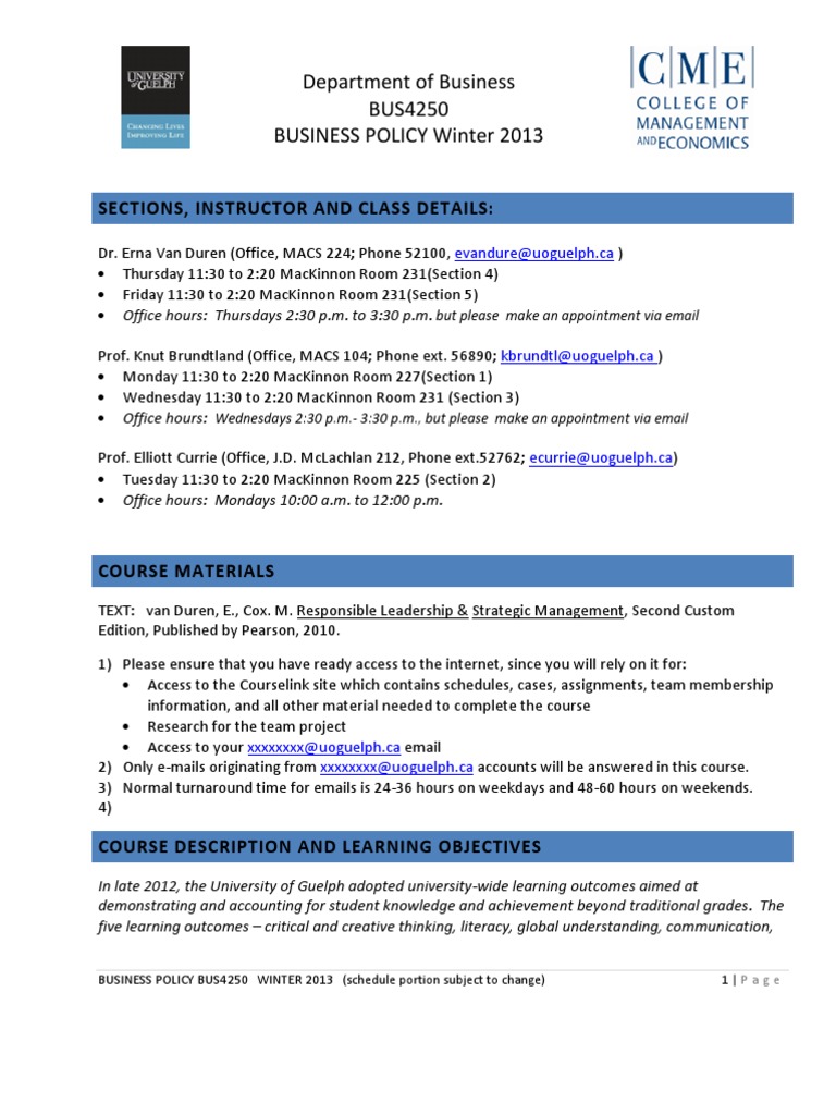 An Overview of the Business Policy Course at the University of Guelph ...
