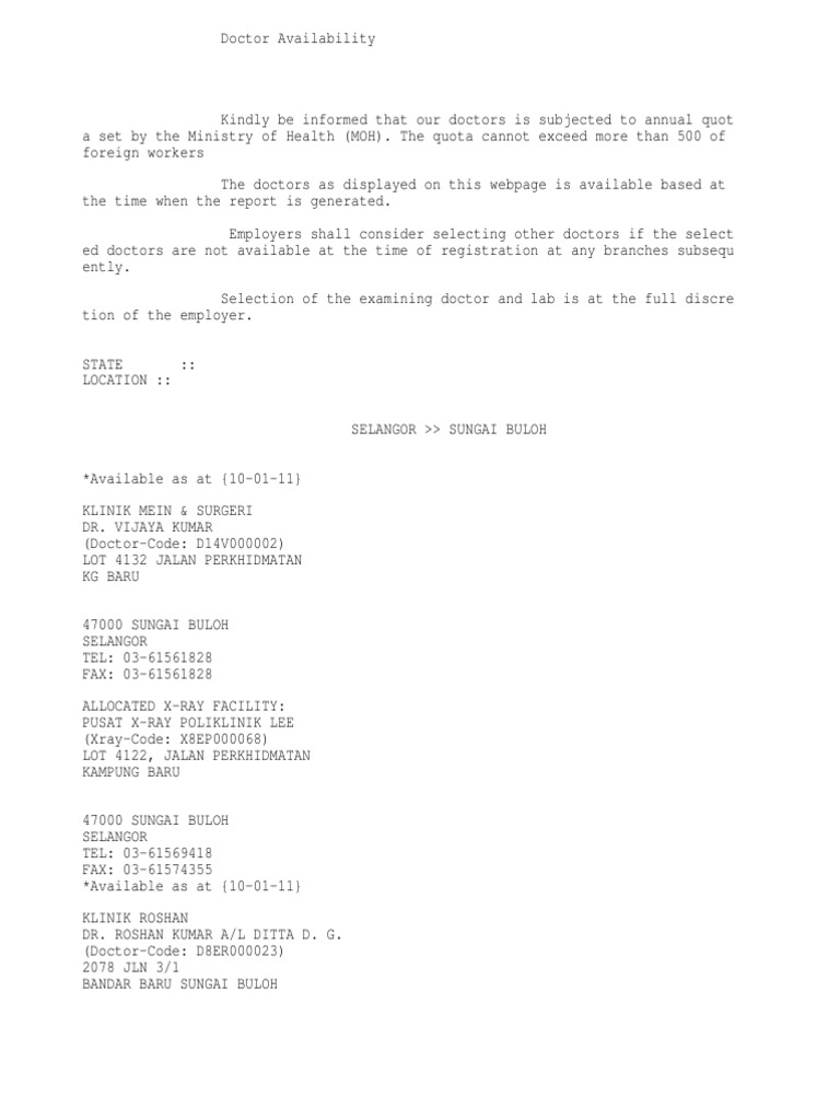 Fomema Doctor List SG Buloh | PDF