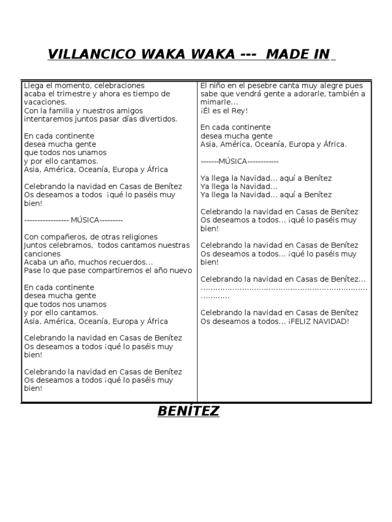 Letra Villancico Waka Waka Casas de Benítez | PDF