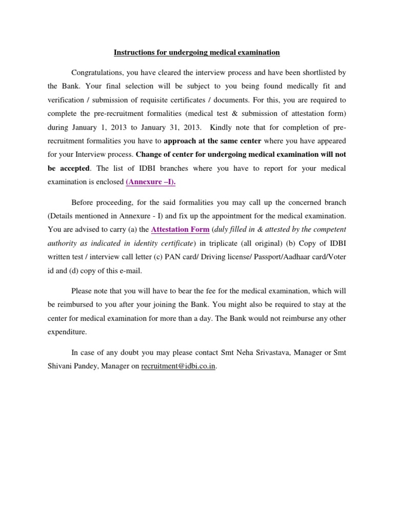 Instruction For Undergoing Medical Examination | PDF