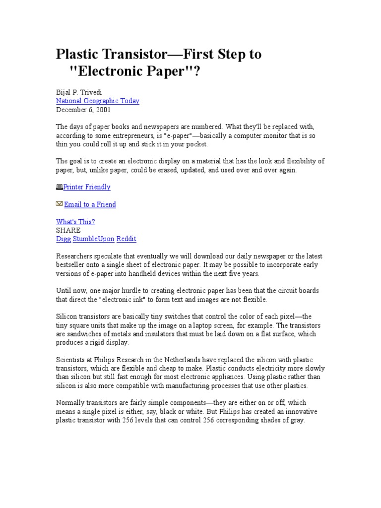 Plastic Transistor-First Step To "Electronic Paper"?: National ...