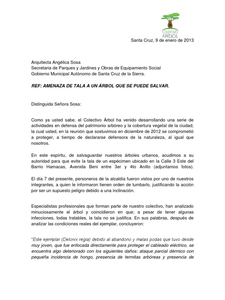 Carta S. Parques y Jardines REF: AMENAZA DE TALA A UN ÁRBOL QUE SE ...