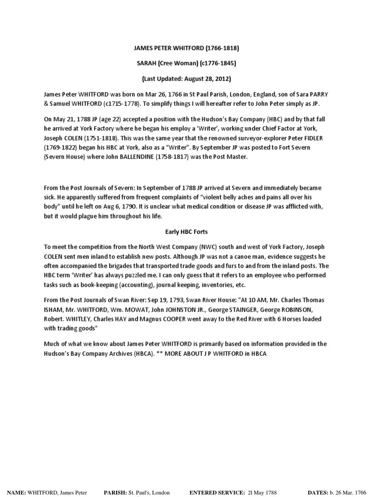 History of James Peter Whitford (1766-1818) and Sarah (Cree Woman ...