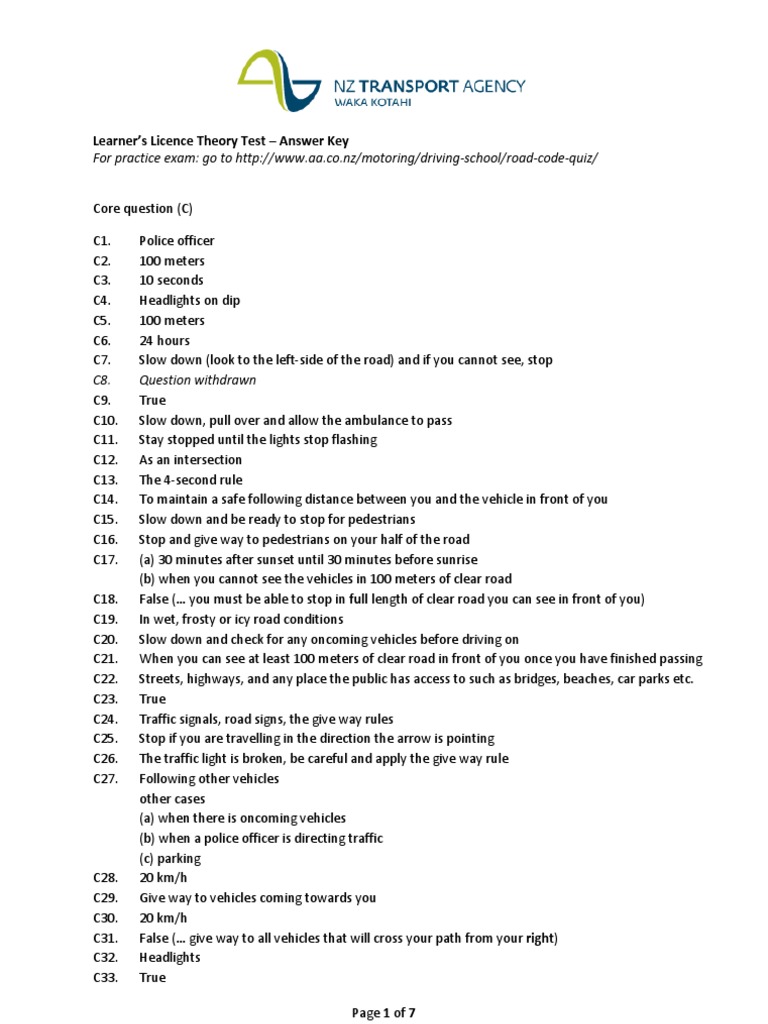NZTA Licence Theory Test - Answers | PDF | Traffic | Industries