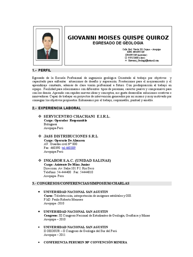 CV de Giovanni Quispe, Geólogo Egresado | PDF | Cognición | Science