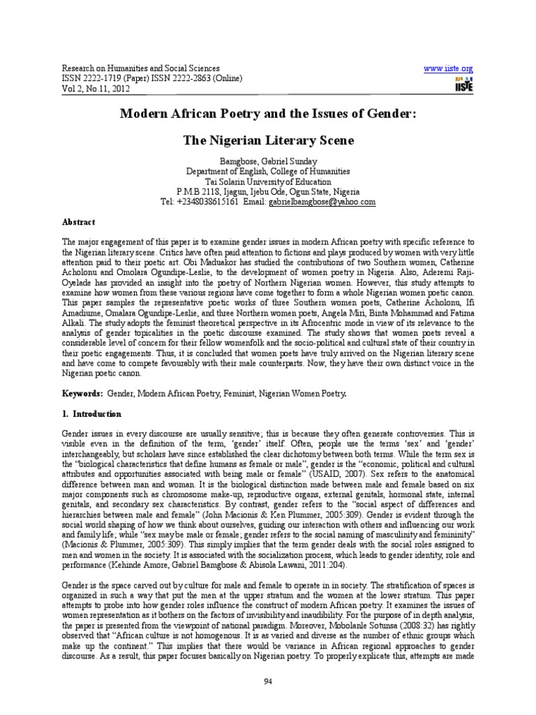 Modern African Poetry and The Issues of Gender: The Nigerian Literary ...