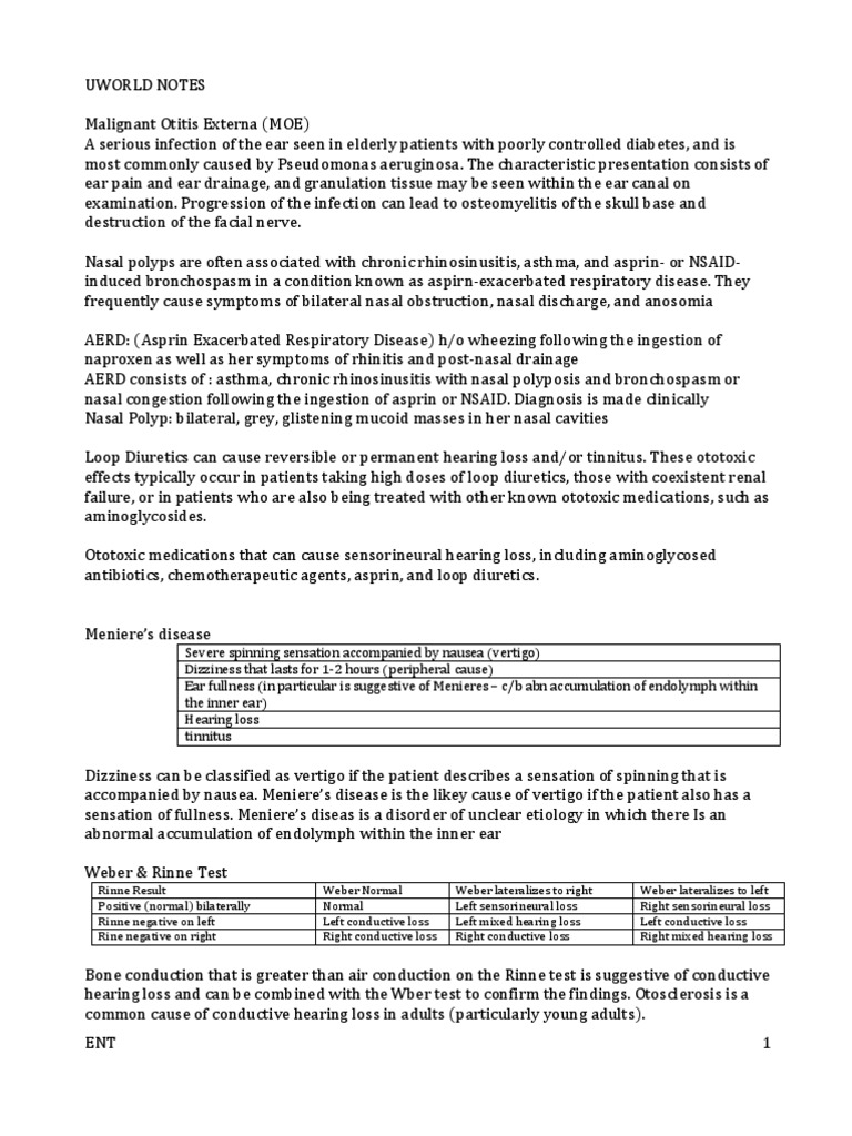 Uworld ENT Notes | PDF | Vertigo | Ear
