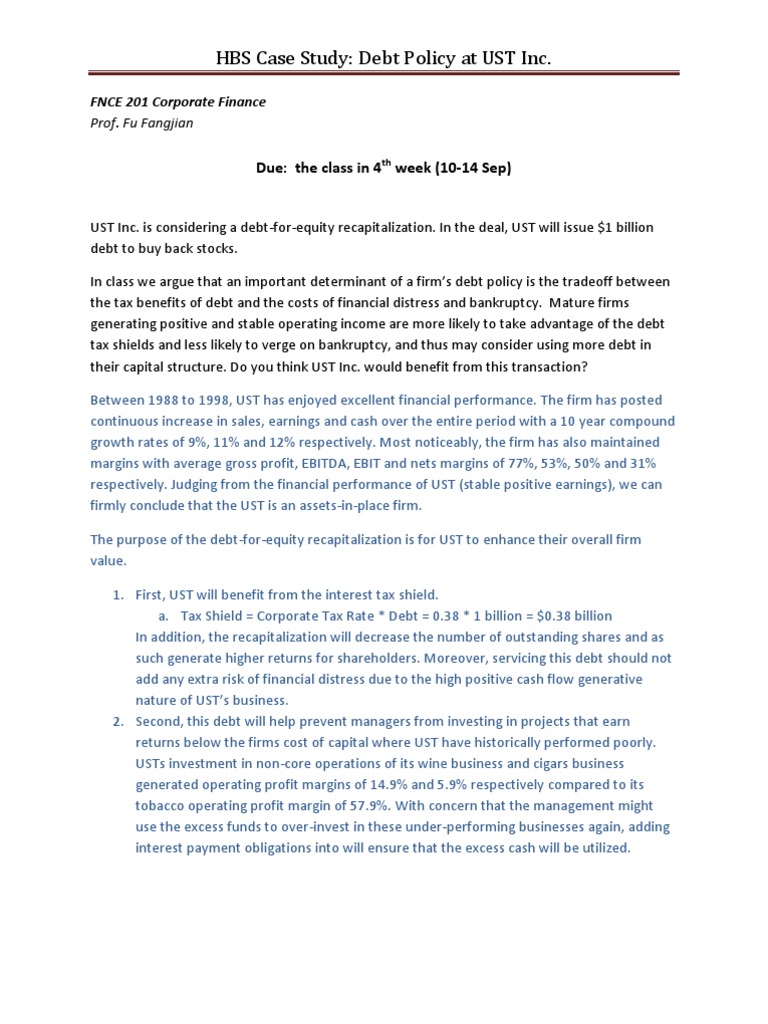 Hbs Case - Ust Inc. | PDF | Debt | Share Repurchase