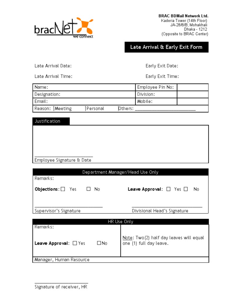 Late Arrival and Early Exit Form | PDF