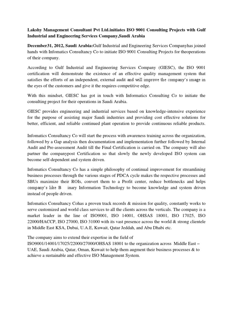 Lakshy Management Consultant PVT LTD - Initiates ISO 9001 Consulting ...