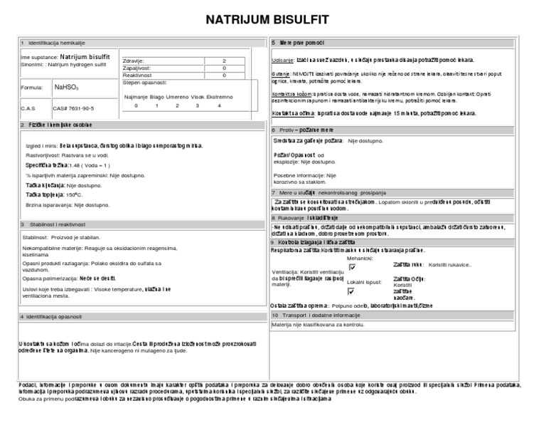 Natrijum Bisulfit MSDS Skraćena | PDF