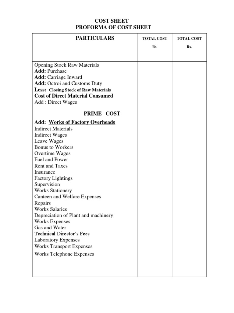 Cost Sheet Proforma | PDF