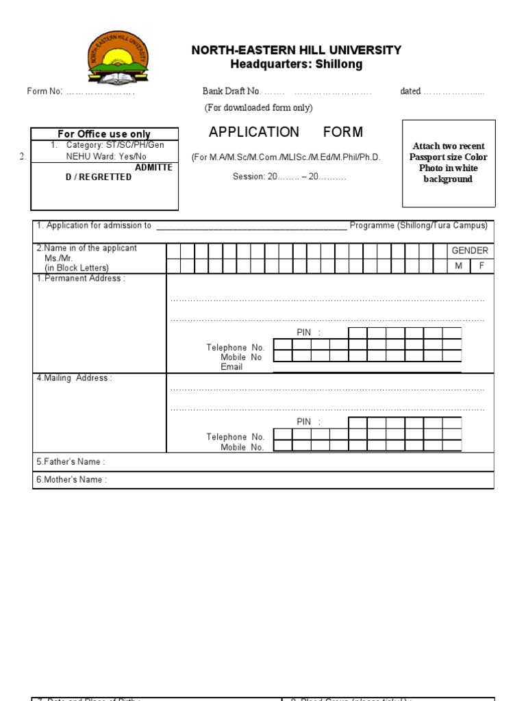 Application Form: North-Eastern Hill University Headquarters: Shillong ...
