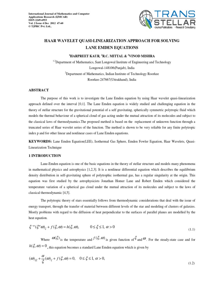Haar Wavelet Quasi-Linearization Approach For Solving Lane Emden Equations | PDF | Nonlinear ...