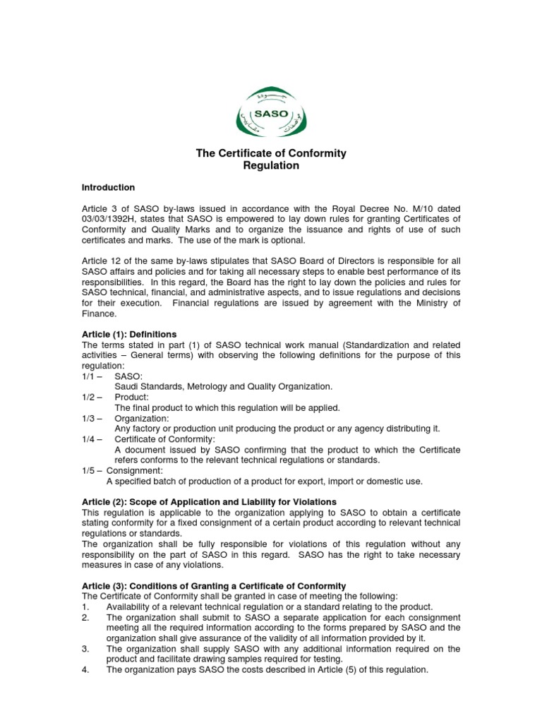 The Certificate of Conformity Regulations - SASO | PDF | Validity (Statistics) | Advertising