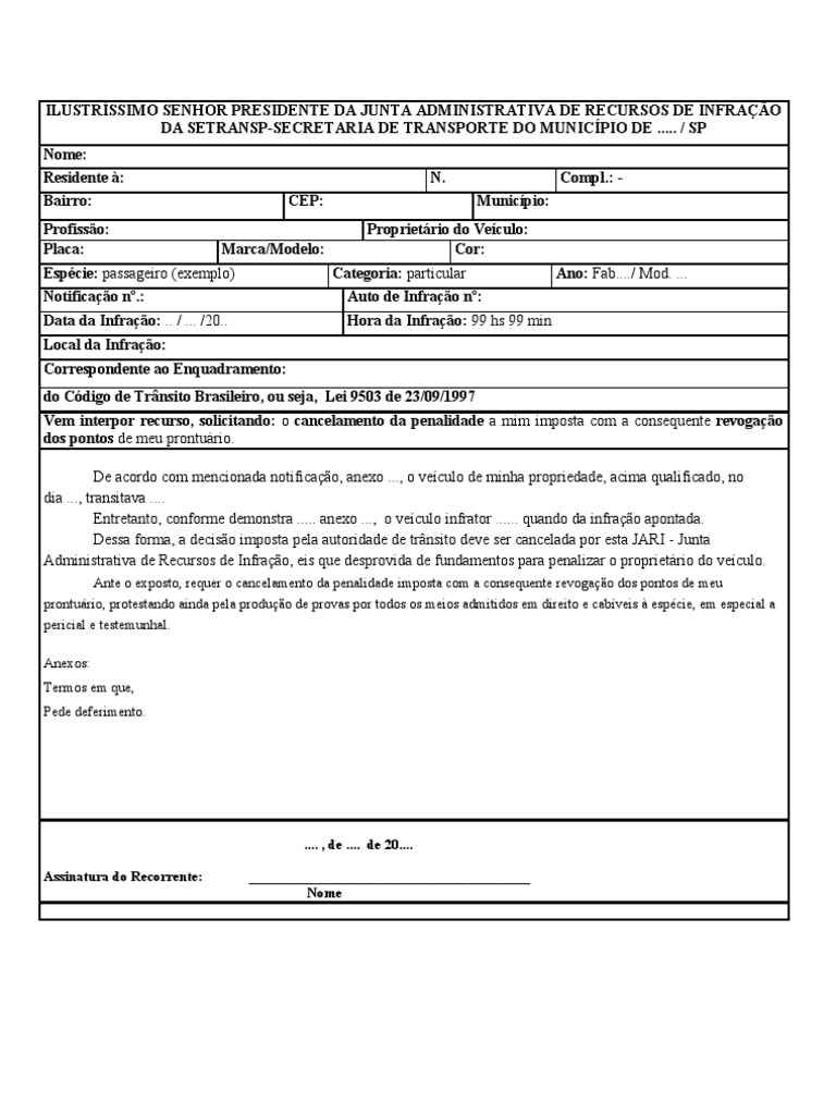 modelo recurso multa de transito