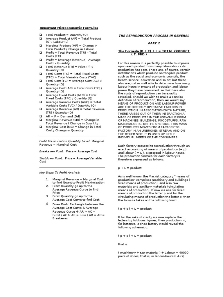 Key Formulas and Concepts for Analyzing Microeconomic Production, Costs ...