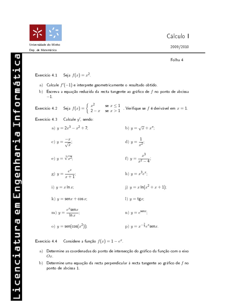 Exercícios Cálculo 1 | Derivado | Função (Matemática)