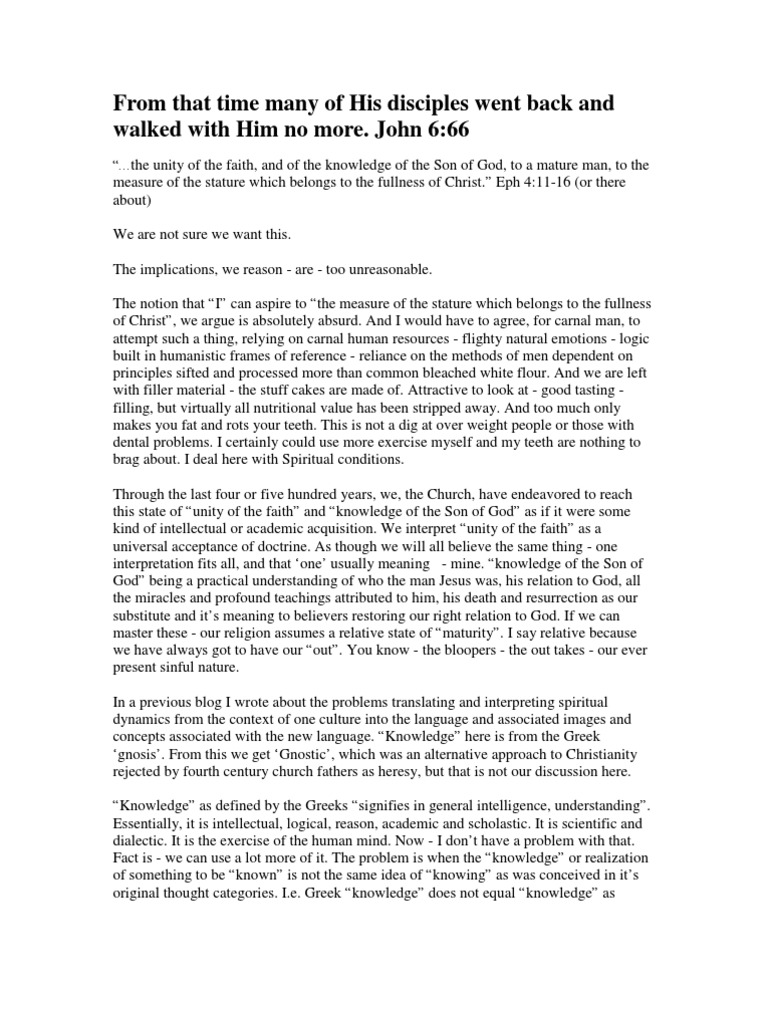 Unity Knowledge - From That Time Many of His Disciples Went Back and ...