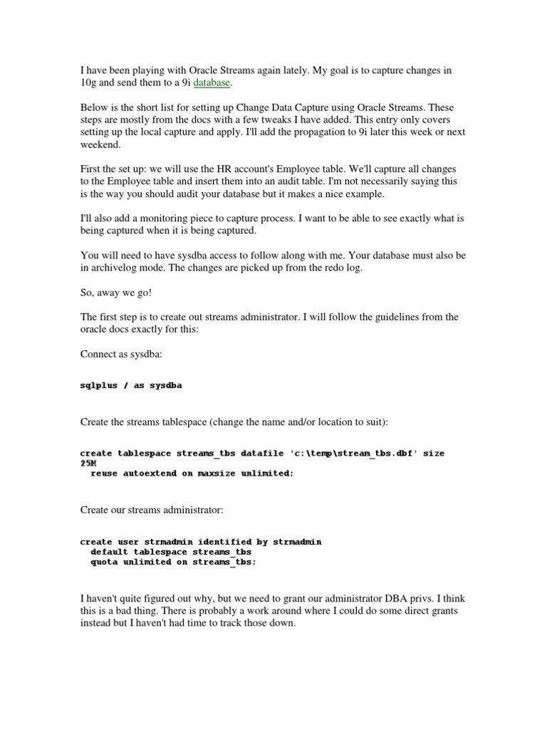 Oracle Streams Step by Step | PDF | Oracle Database | Constructor (Object Oriented Programming)