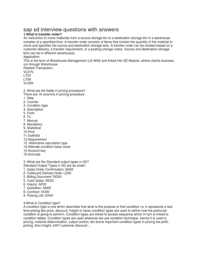 Sap SD Interview Questions With Answers: 1.what Is Transfer Order? | PDF | Invoice | Debits And ...