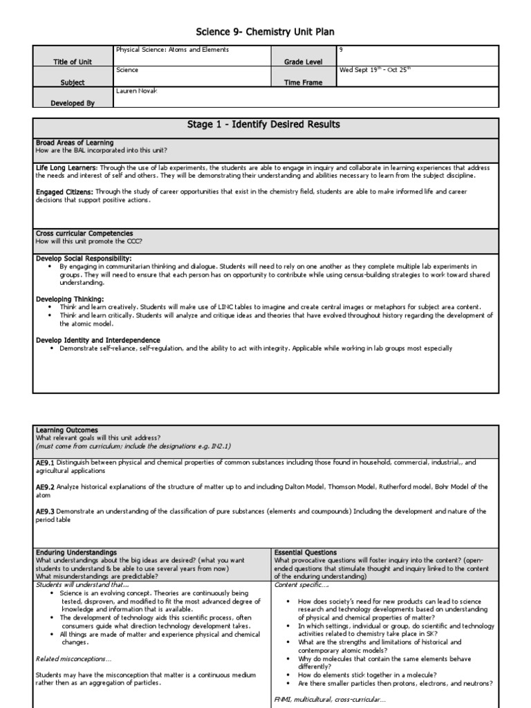 Grade 9 Chemistry Unit Plan | PDF | Chemical Substances | Chemical Elements