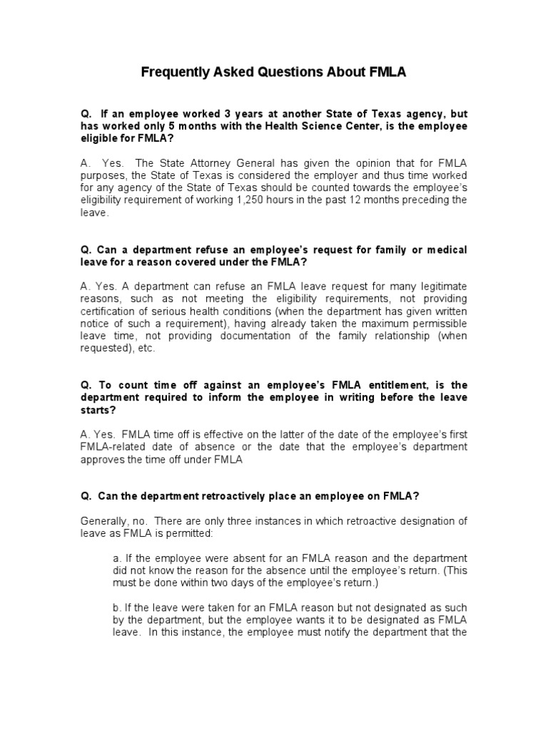 FMLA Questions | PDF | Family And Medical Leave Act Of 1993 | Sick Leave