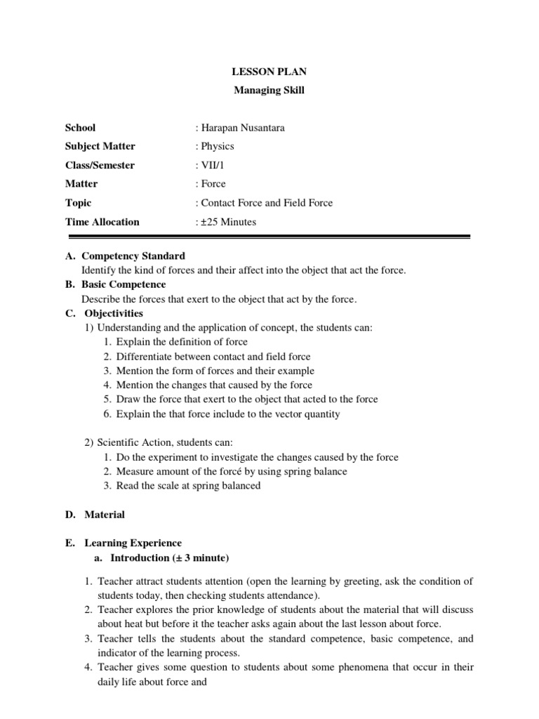 Lesson Plan Managing Skill | PDF | Force | Lesson Plan