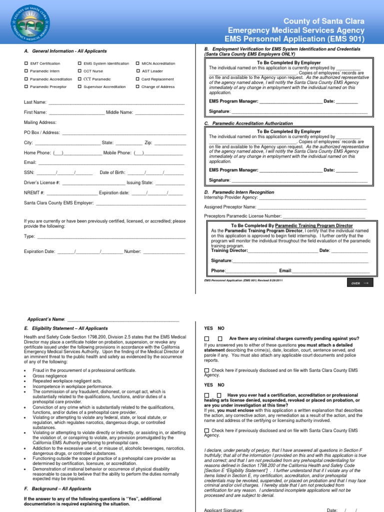 Santa Clara EMS Personnel Application Form | PDF | Emergency Medical ...