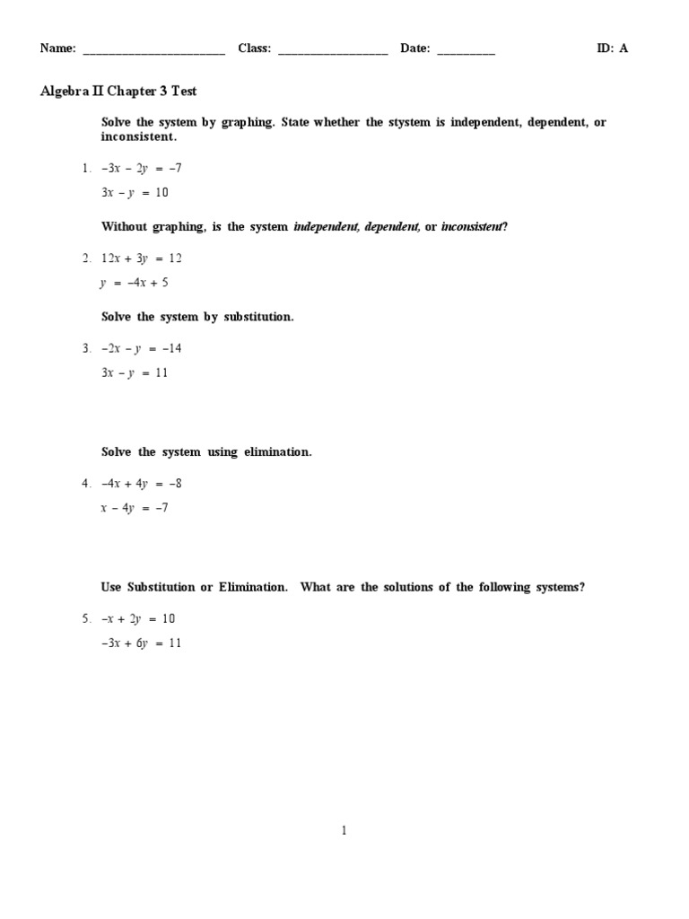 Algebra II Chapter 3 Test | PDF | System Of Linear Equations | Matrix ...