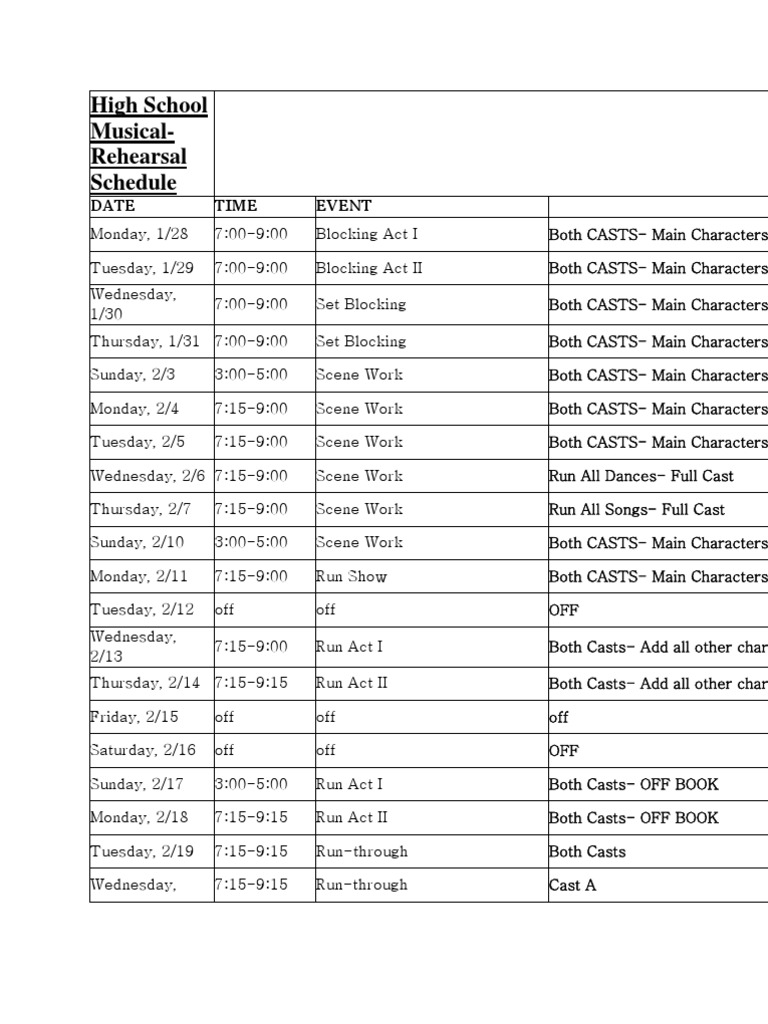 High School Musical JR Rehearsal Schedule | PDF