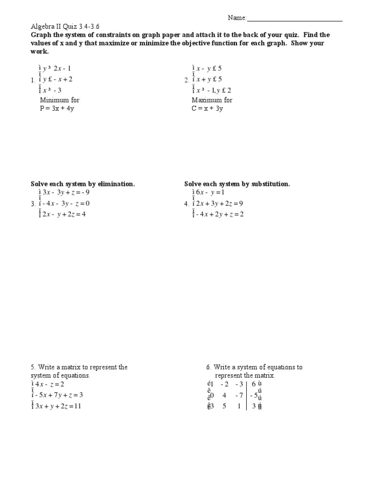 Algebra II Quiz: Constraints & Systems | PDF