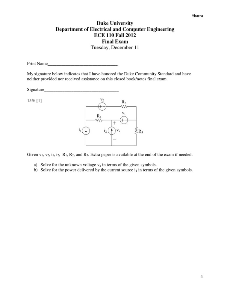 Duke ECE 110 Fall 2012 Final Exam | PDF
