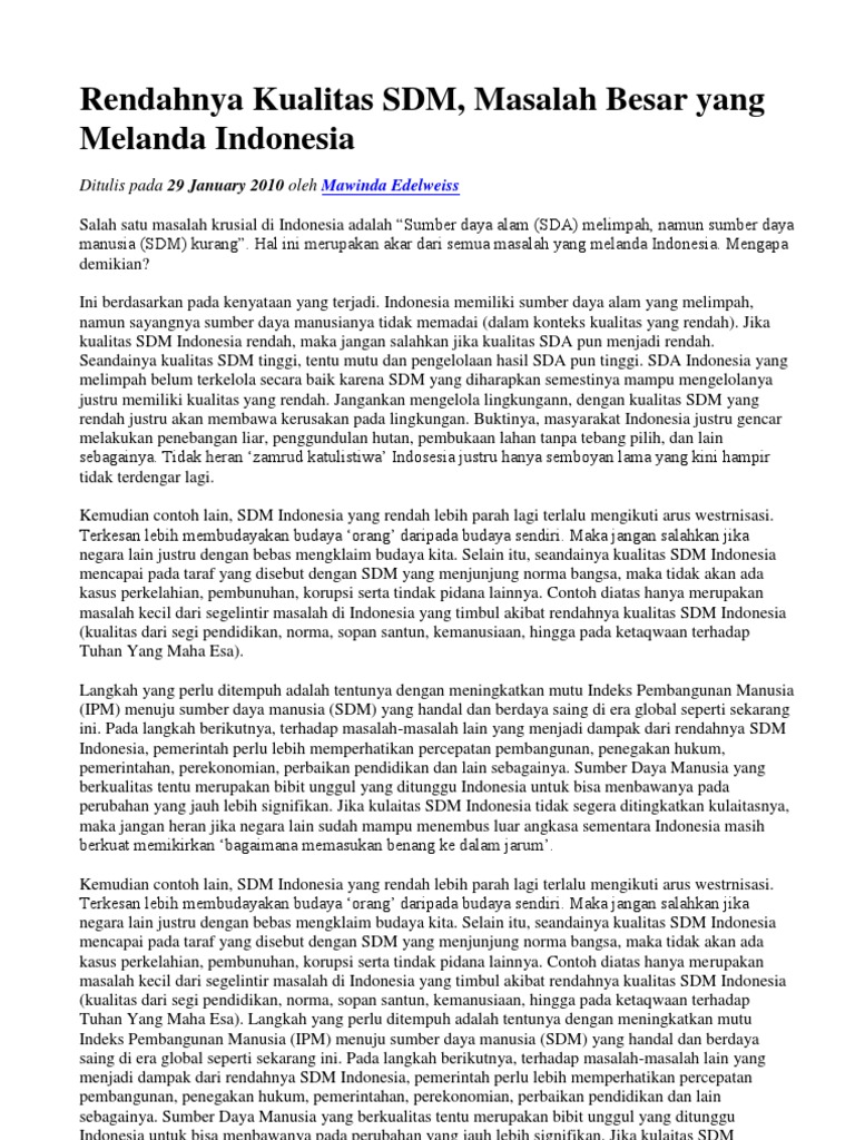 Kualitas Rendah SDM Masalah Besar Indonesia | PDF
