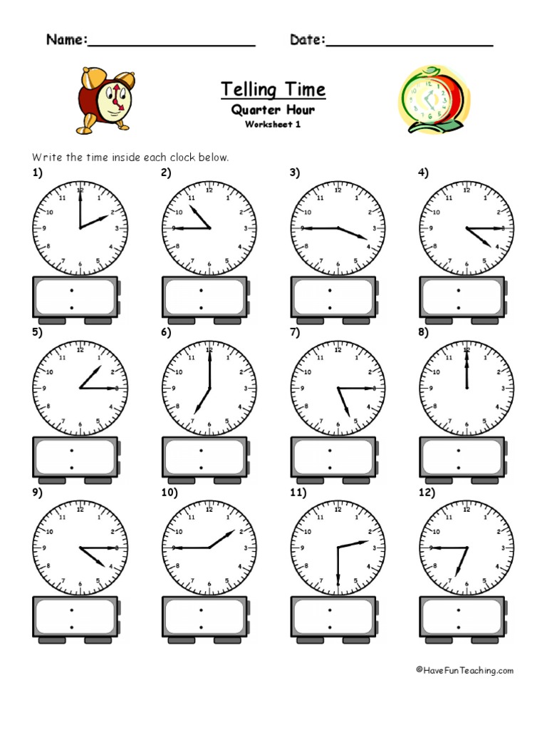 Telling Time Analog Digital Quarter Hour | PDF