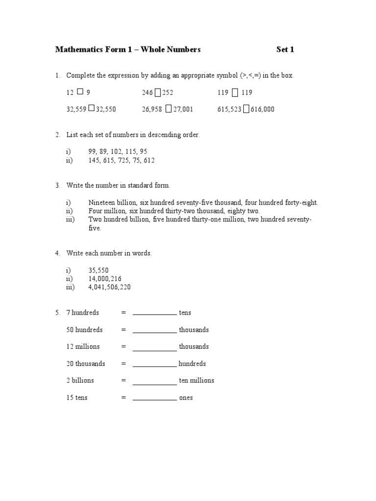 Whole Numbers Exercises for Form 1 | PDF