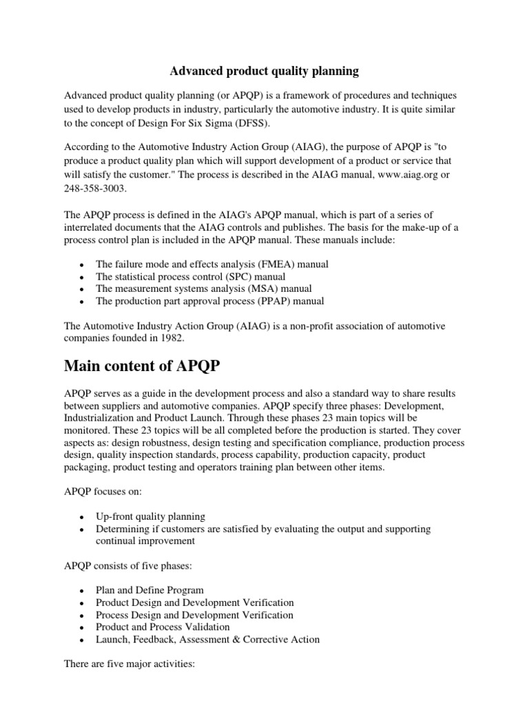 APQP | PDF | Verification And Validation | Design For Six Sigma