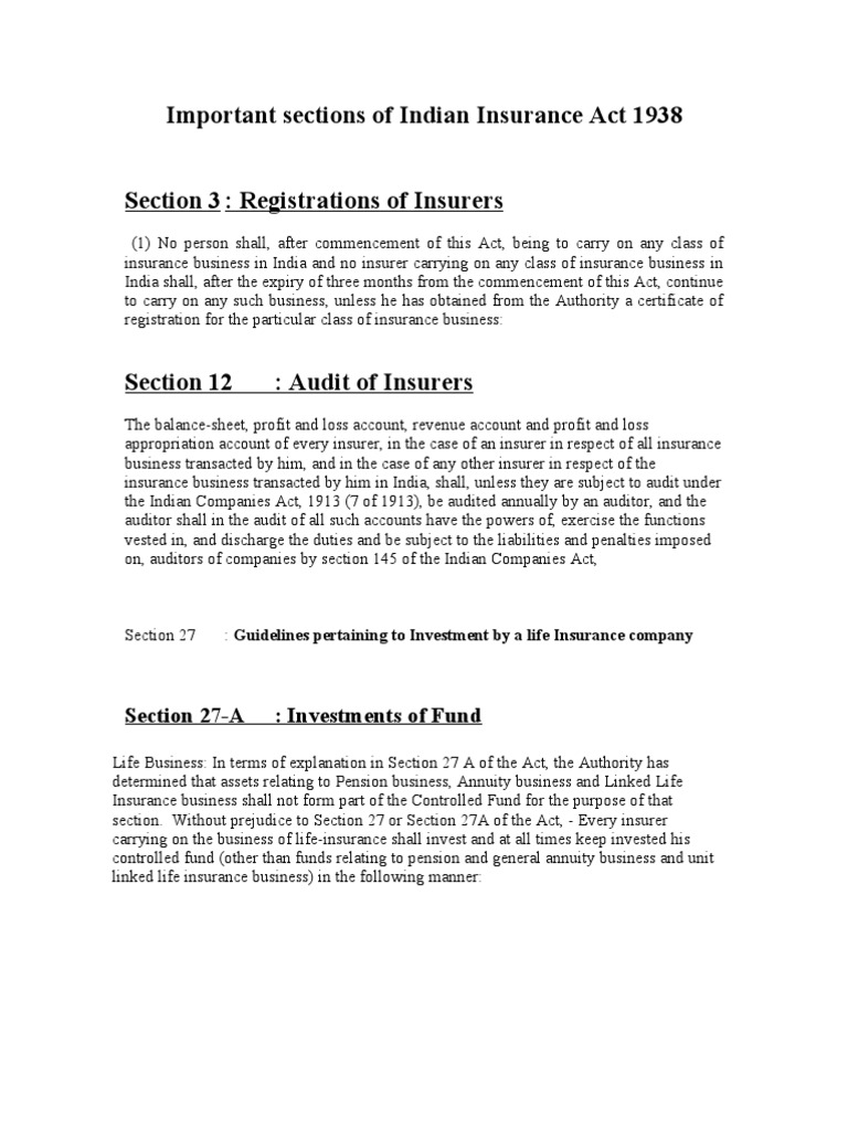 Important Sections of Indian Insurance Act 1938 | PDF | Assignment (Law ...