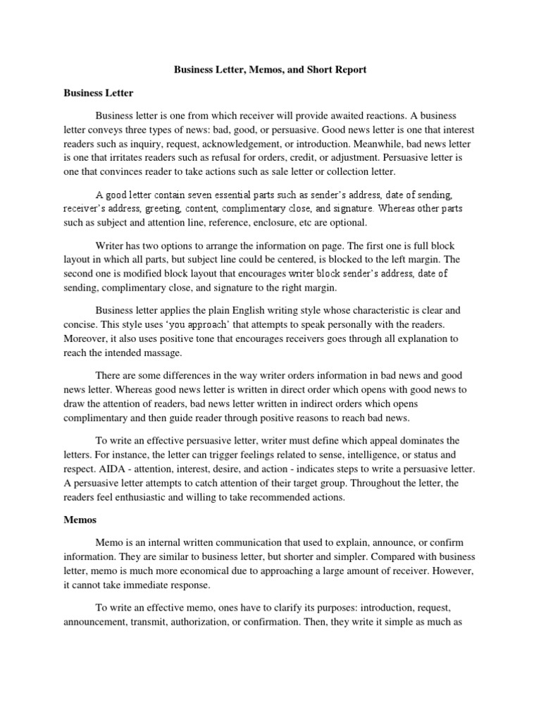Memo Business Letter Sample
